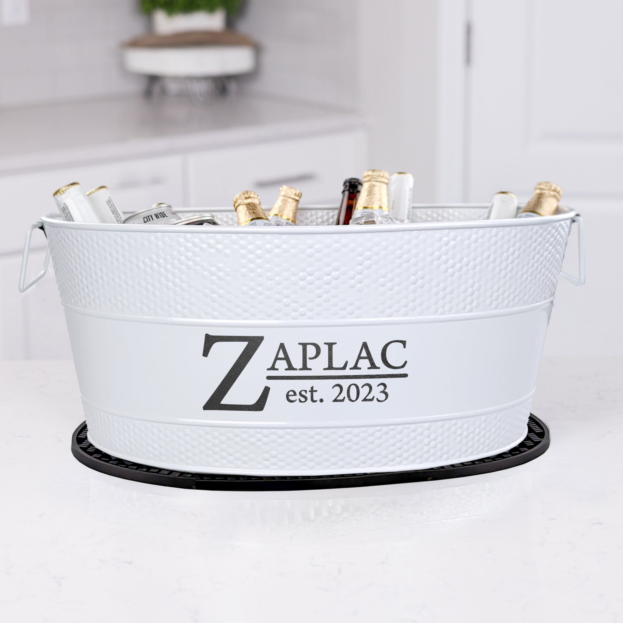Personalized Beverage Tub with PVC Party Mat - Aspen White Finish ...