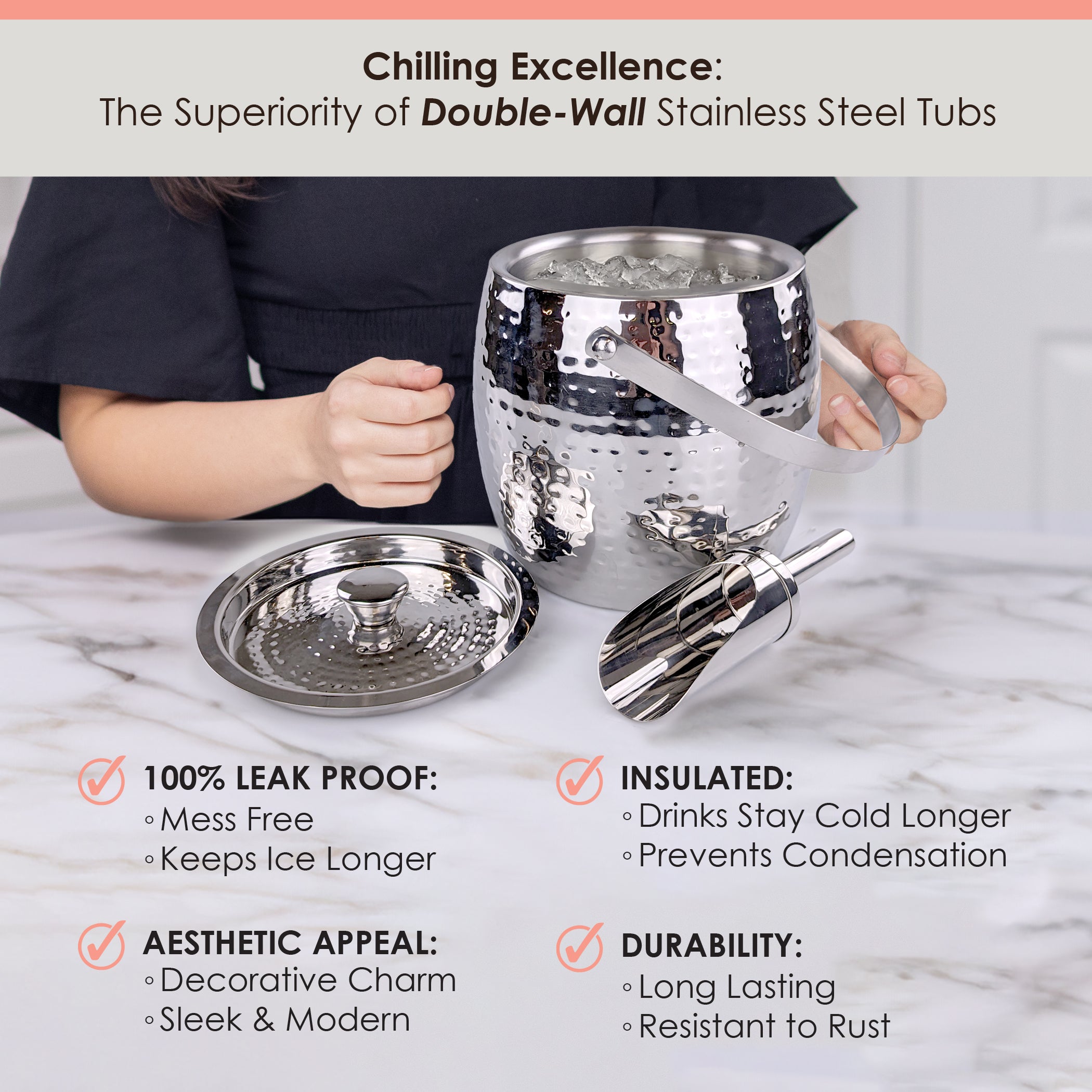 Iceberg Ice Bucket with Lid & Scoop Insulated Stainless Steel by BREKX ...